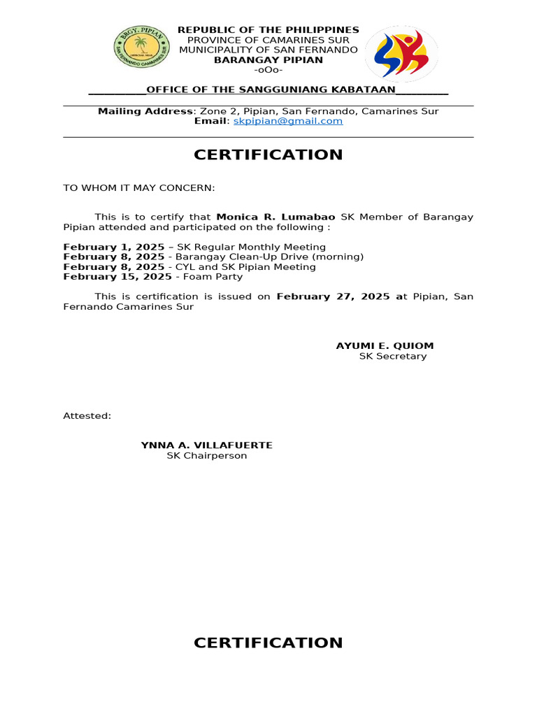 SK Pipian Attendance Certification | PDF