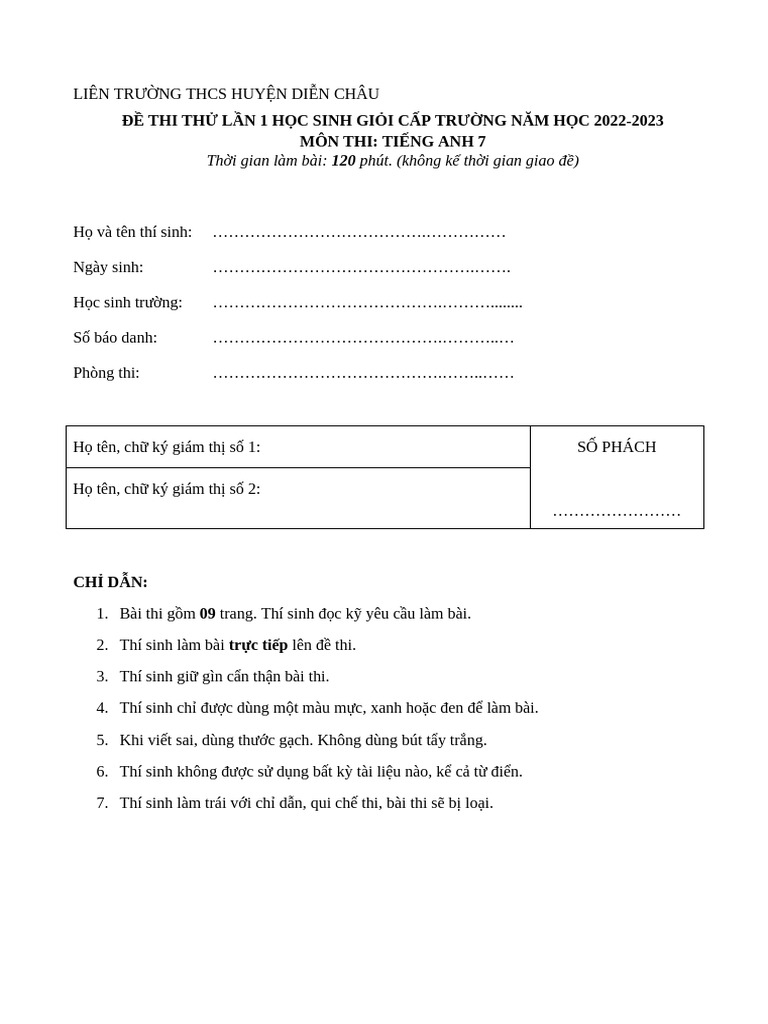 - Đề HSG Anh 7 - Cụm | PDF | Cricket | Bowling (Cricket)