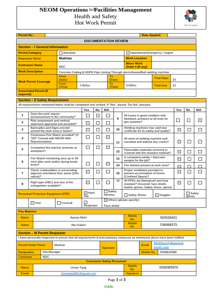NEOM Hot Work Permit Guidelines | PDF | Personal Protective Equipment ...