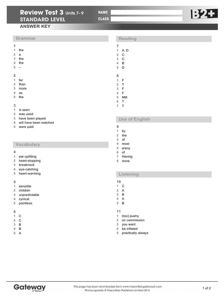 B2PLUS Review Test 3 Answer Key Standard | PDF | Linguistics | Human ...