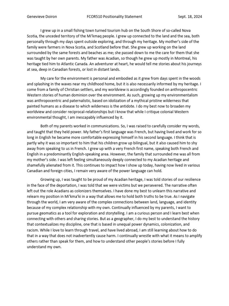 Genevieve Doiron's Positionality Statement | PDF