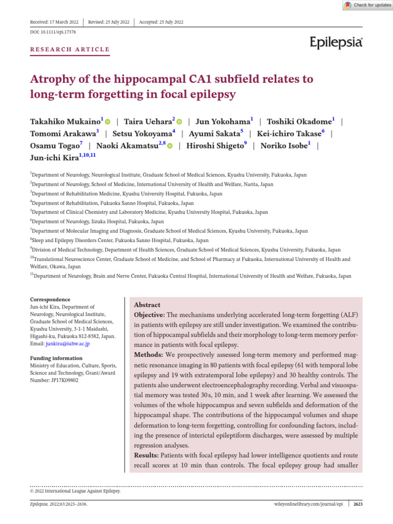 Epilepsia - 2022 - Mukaino - Atrophy of the Hippocampal CA1 Subfield ...