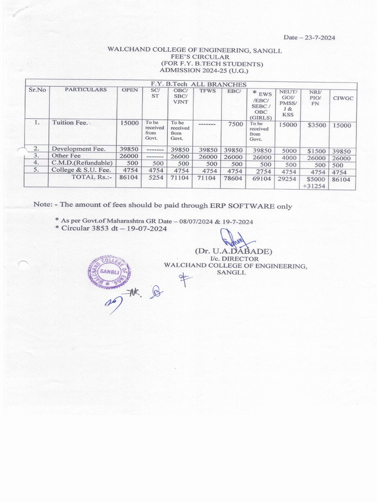 UG Fee Structure 2024-25 (14-08-2024) | PDF