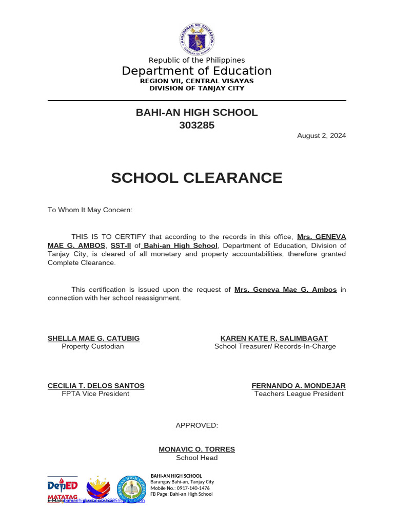 School Clearance Certificate for Mrs. Ambos | PDF