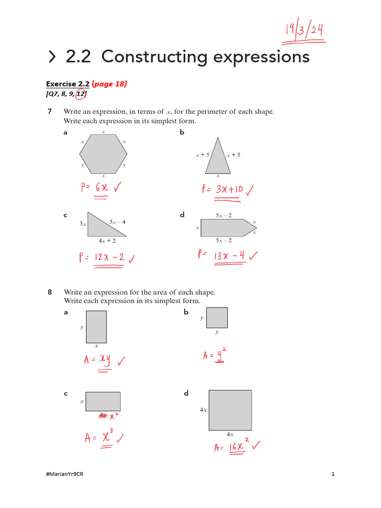 2.2 Constructing Expressions WB | PDF | Area | Geometry