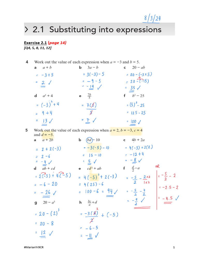 Substituting Values in Expressions | PDF | Subtraction | Elementary ...
