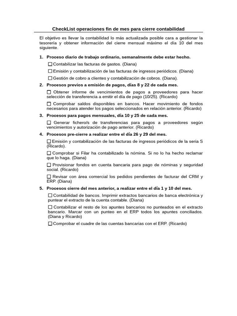 CheckList Operaciones Fin de Mes para Cierre Contabilidad | PDF