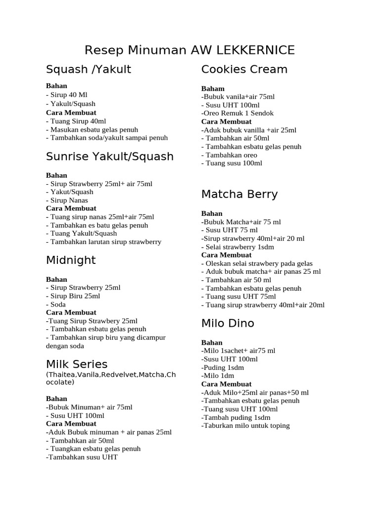 Resep Minuman AW LEKKERNICE | PDF