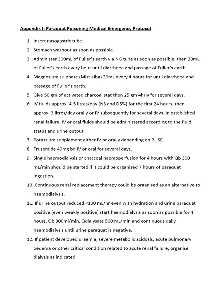 Paraquat Poisoning Treatment Protocol | PDF | Medicine | Medical Treatments