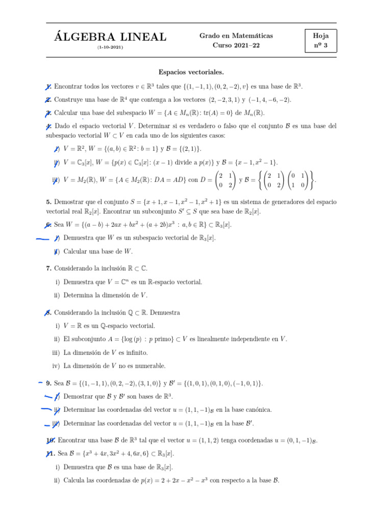 ProbAL-2021-2022-hoja3 | PDF | Base (álgebra lineal) | Espacio vectorial