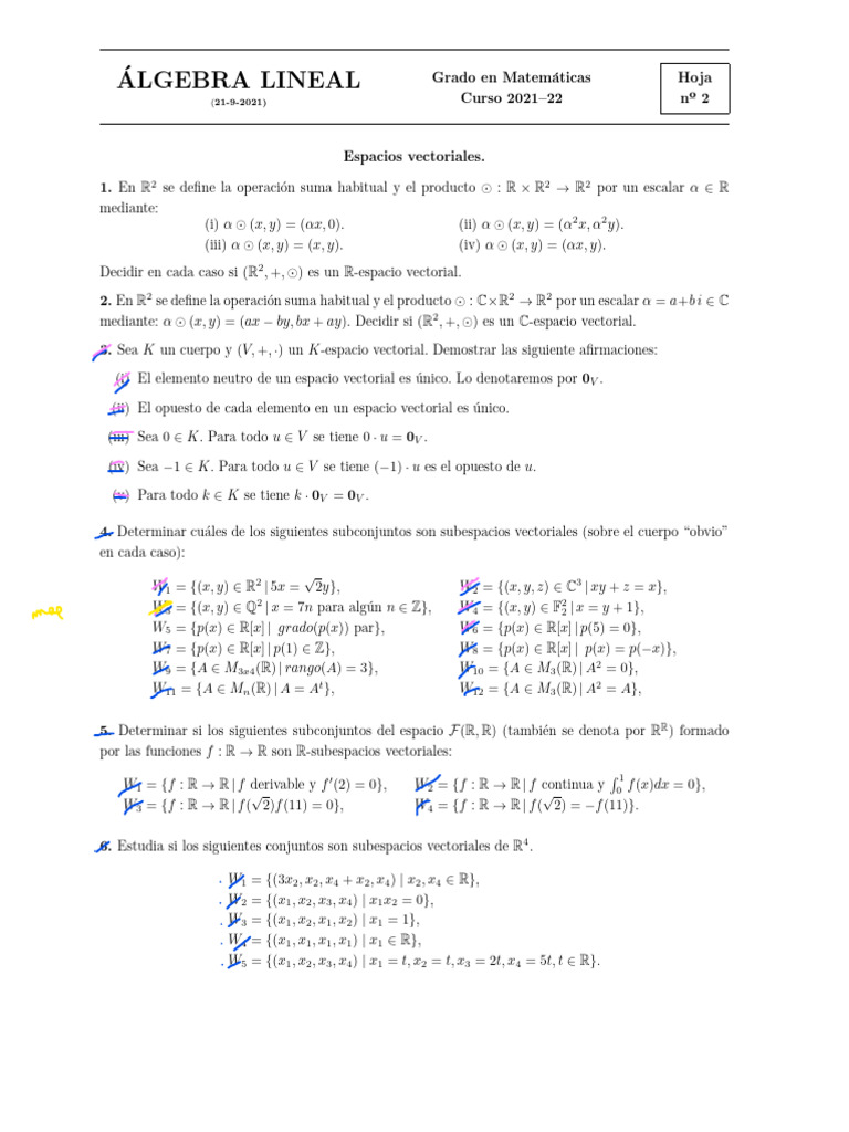 Problemas de Subespacios Vectoriales en Álgebra Lineal | PDF | Espacio vectorial | Vector Euclidiano