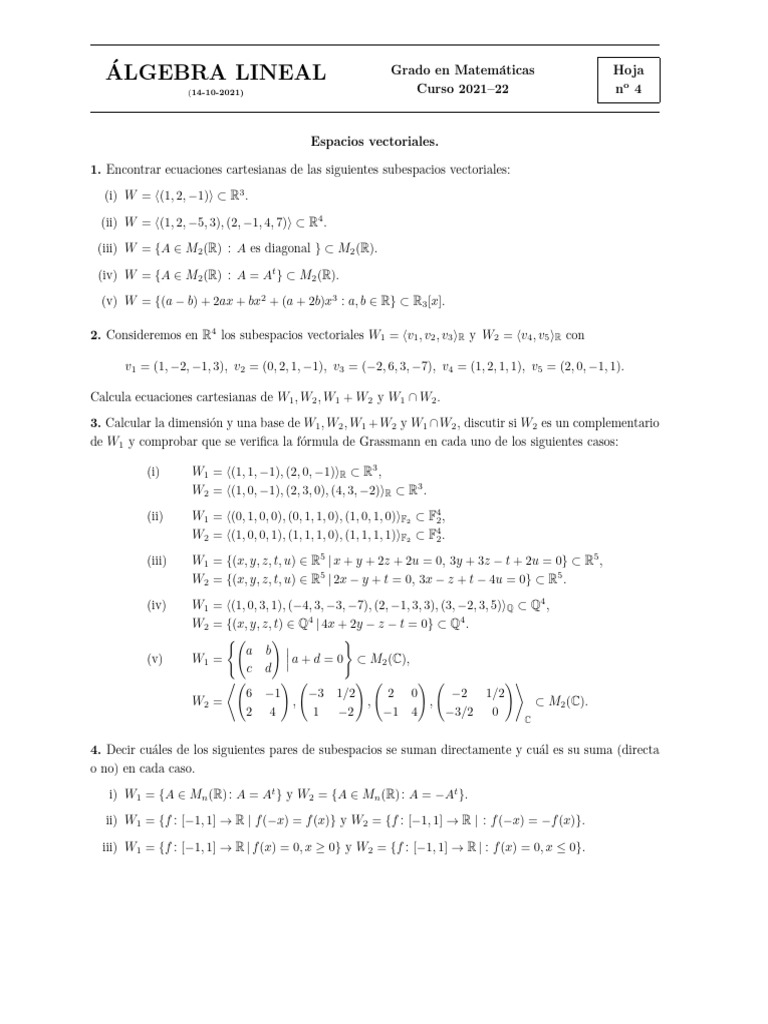 ProbAL 2021 2022 Hoja4 | PDF | Espacio vectorial | Base (álgebra lineal)