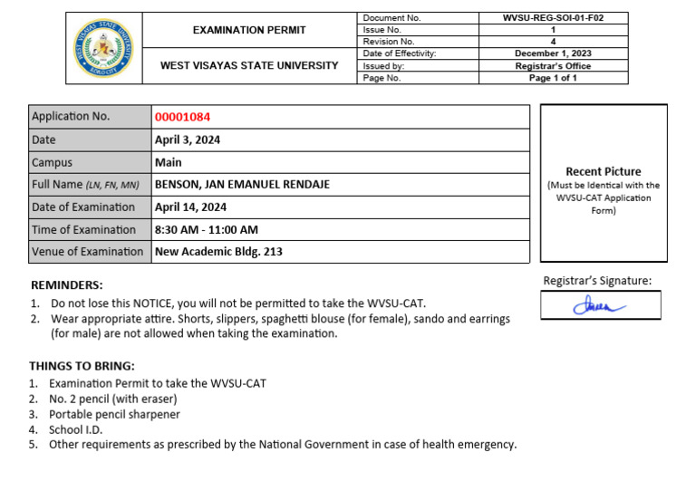 WVSU-CAT Examination Permit Details | PDF