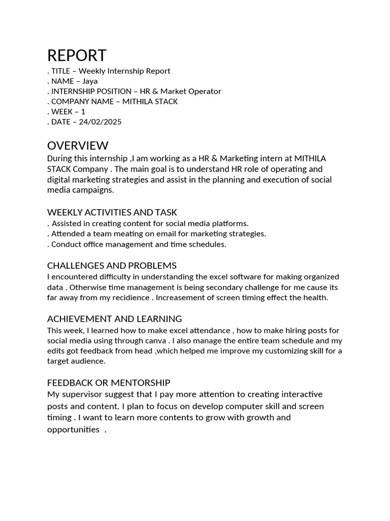 Weekly HR & Marketing Internship Report | PDF