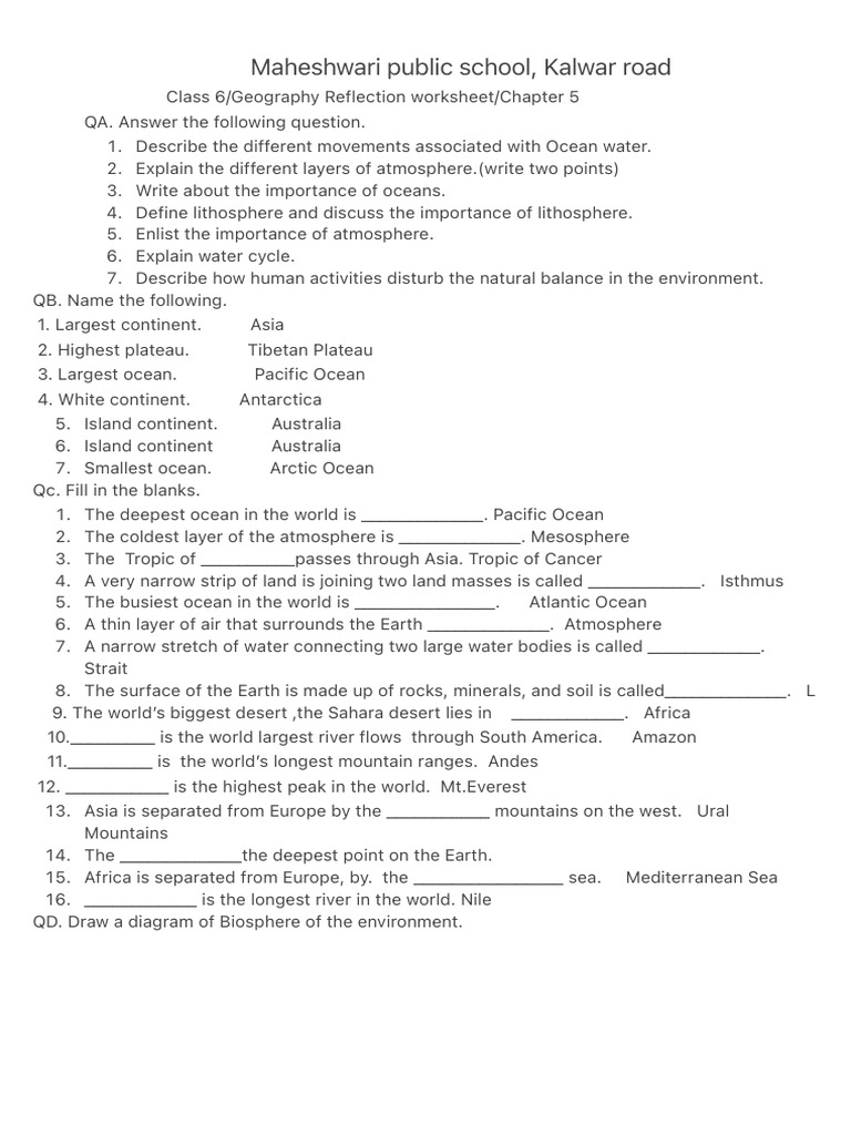 Class 6 Oceans and Continents Worksheet | PDF | Oceans | Continent