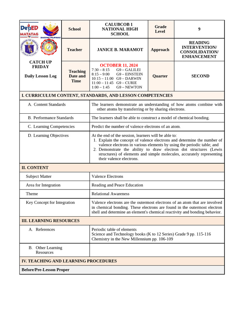 Grade 9 Lesson on Valence Electrons | PDF | Chemical Bond | Atoms