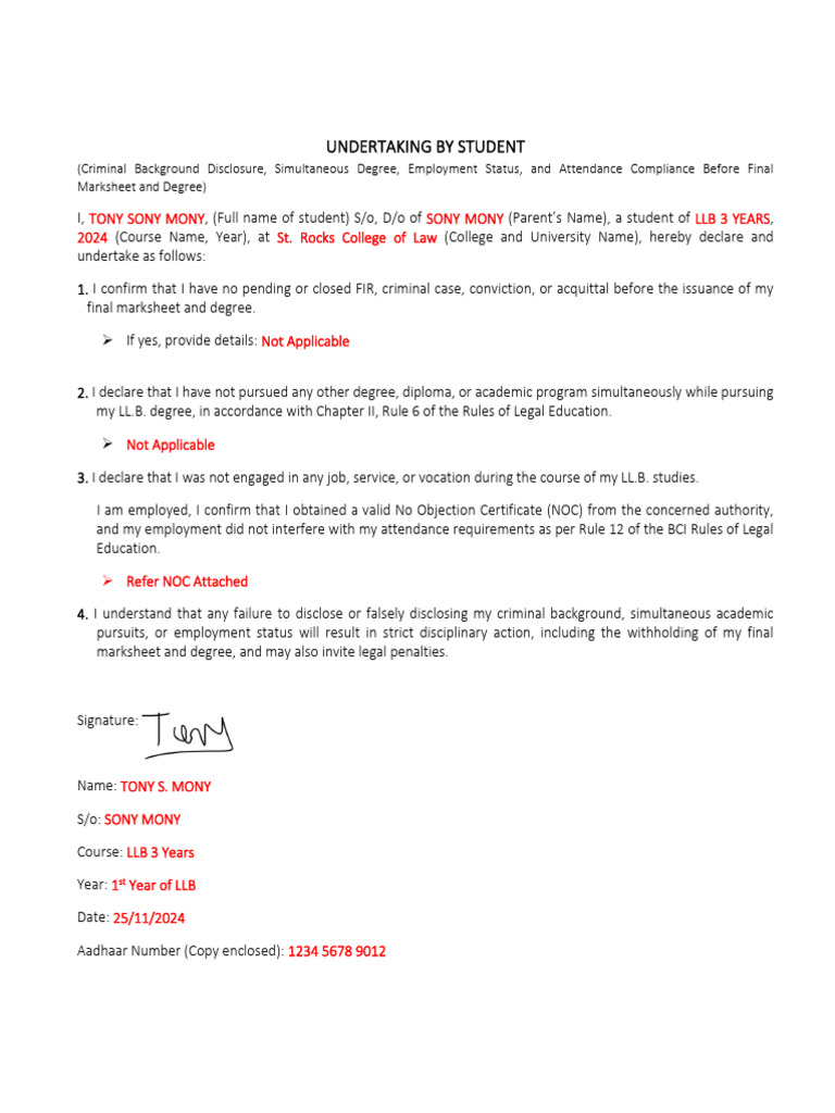 Student Attendance and Compliance Undertaking | PDF