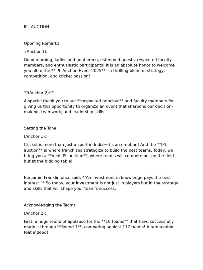 Ipl Auction Script Pdf Team Sports Sports
