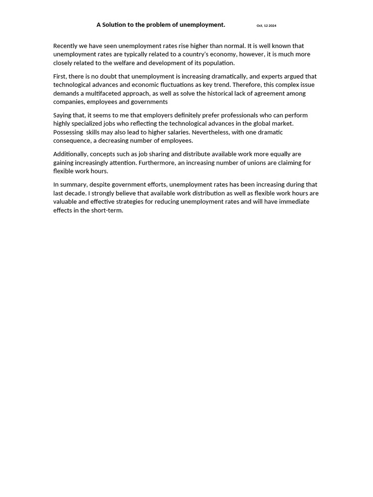 A Solution To The Problem of Unemployment | PDF