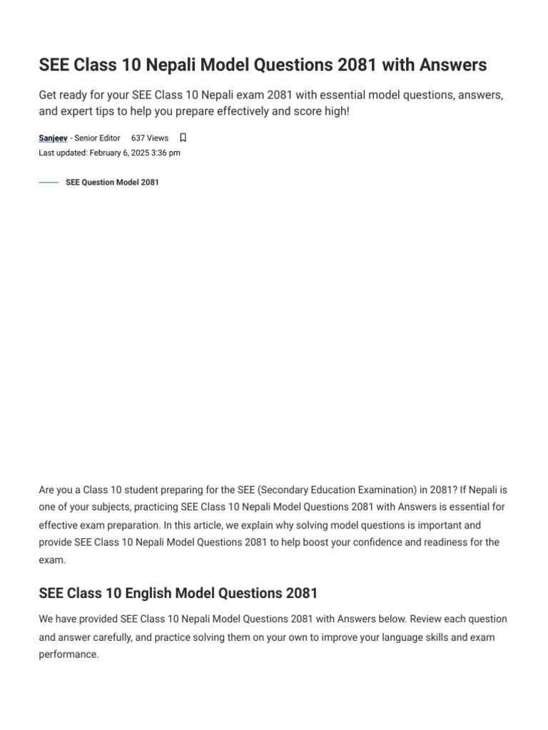 Class 10 SEE Nepali Model Questions 2081 | PDF | Question | Cognitive ...