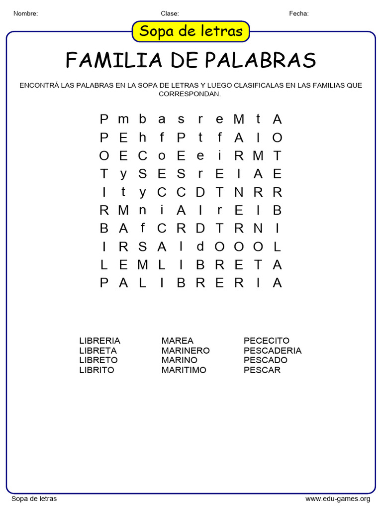 Sopa de Letras: Familias de Palabras | PDF