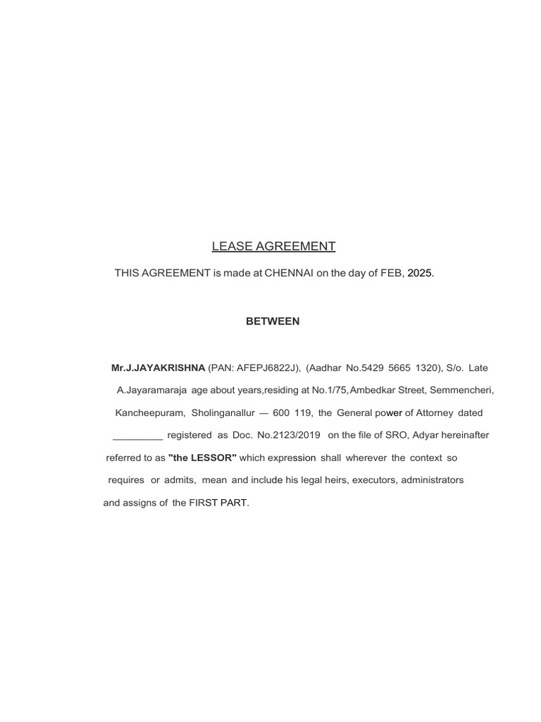 Kotturpuram Lease Agreement Draft | PDF | Lease | Leasehold Estate