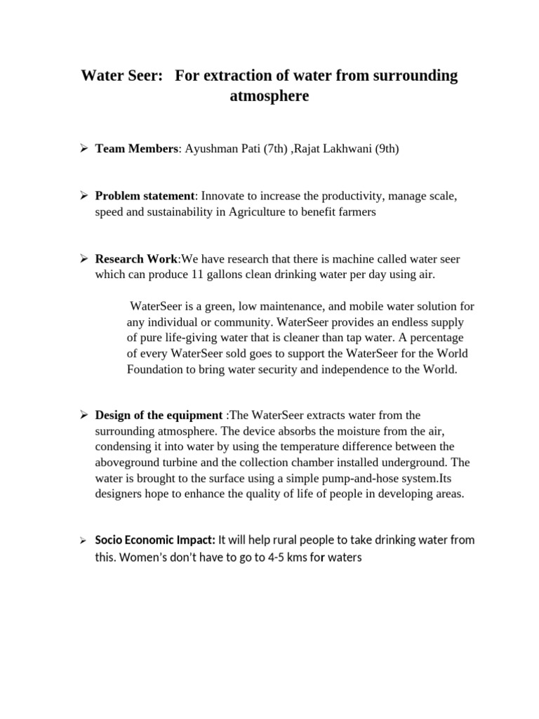 WaterSeer: Atmospheric Water Extraction | PDF