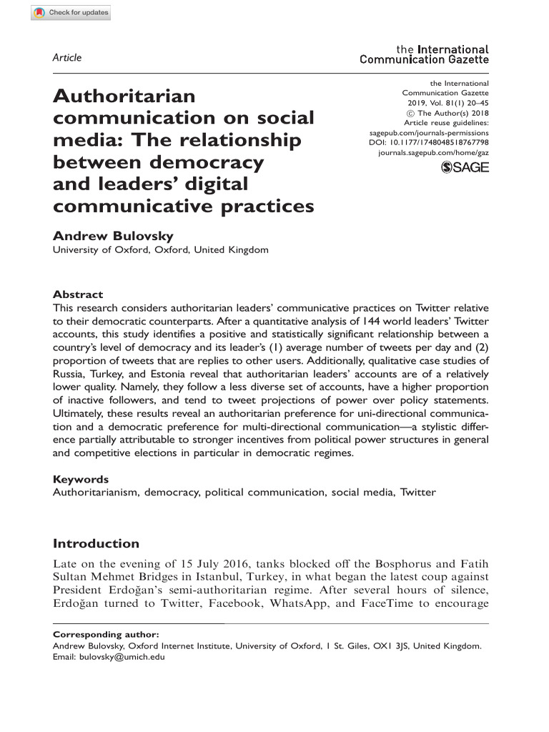 Bulovsky 2018 Authoritarian Communication On Social Media The Relationship Between Democracy and ...