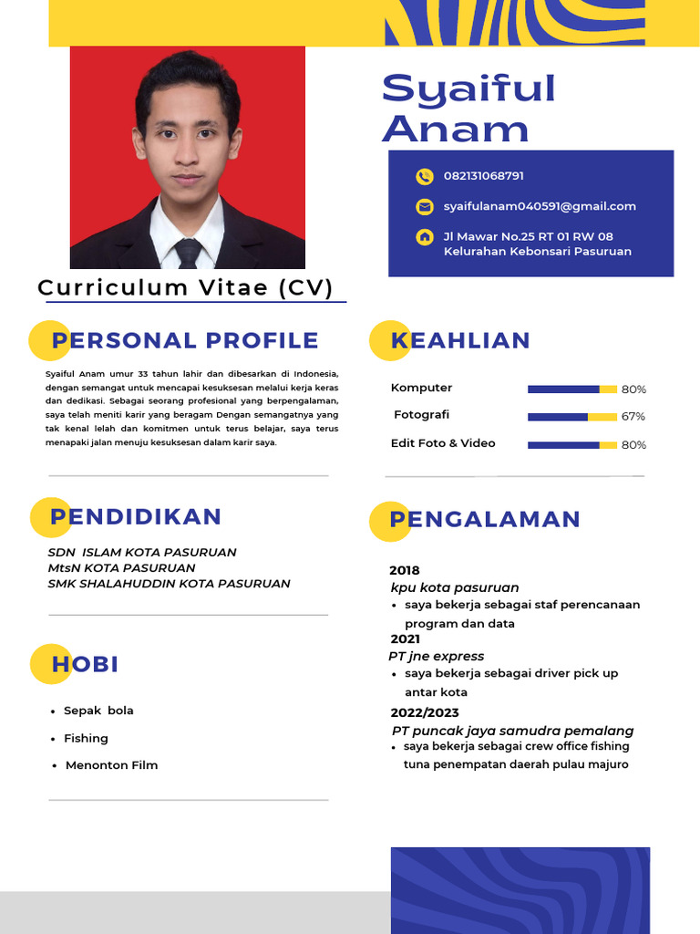 CV Resume Lulusan Baru Modern Minimalis Biru Kuning Putih PDF | PDF