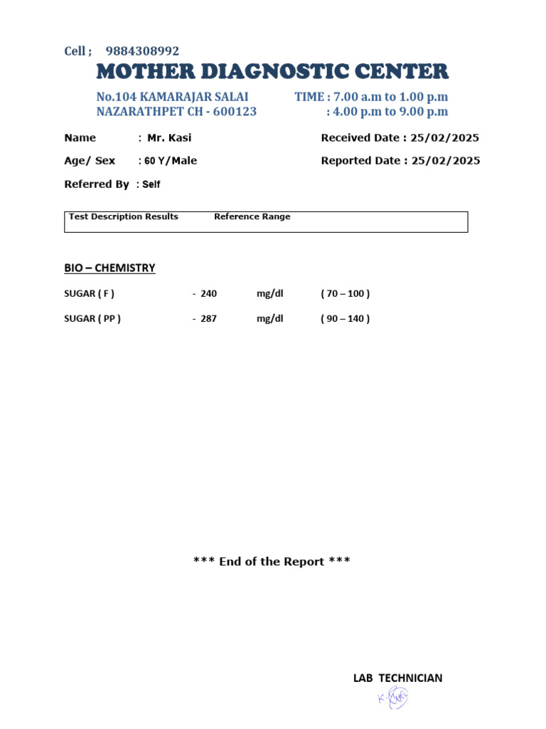 Blood Sugar Report for Mr. Kasi | PDF