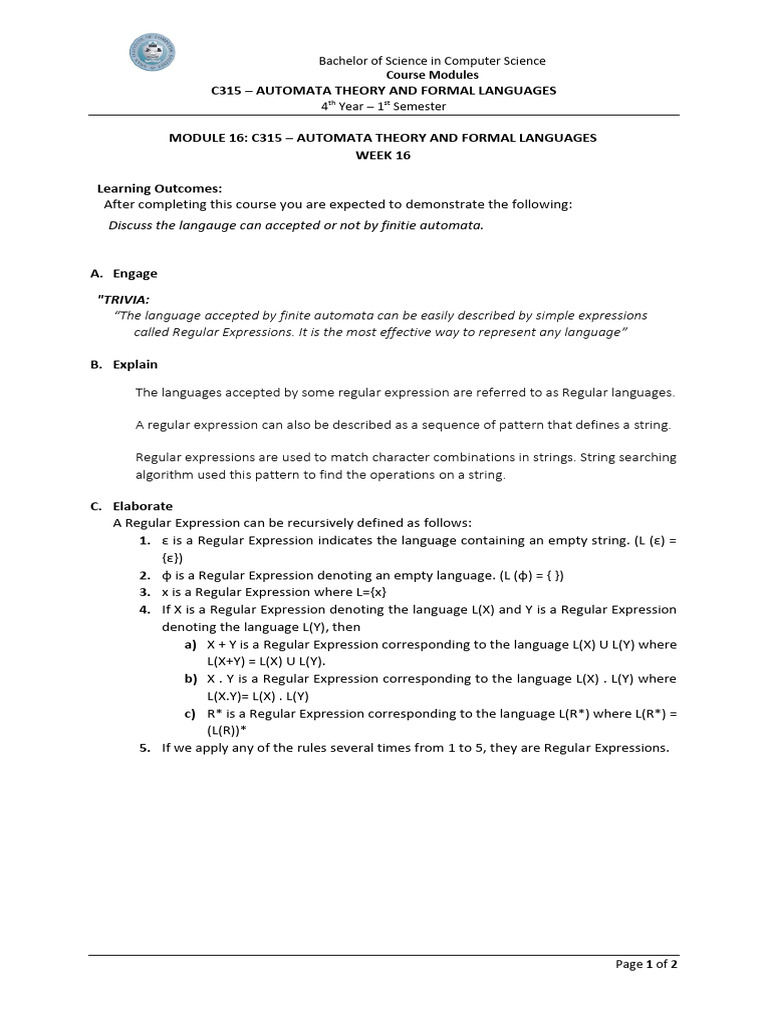 WEEK 16 Curriculum Module For C315 AUTOMATA THEORY AND FORMAL LANGUAGES | PDF | Regular ...