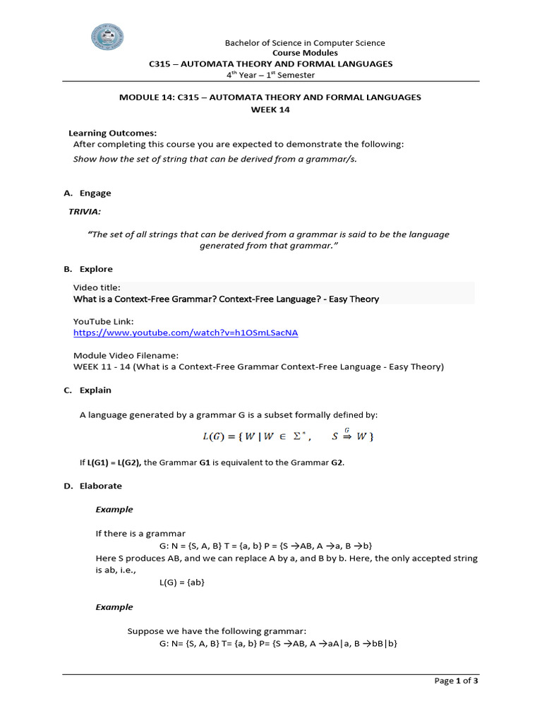 WEEK 14 Curriculum Module For C315 AUTOMATA THEORY AND FORMAL LANGUAGES | PDF | Mathematical ...