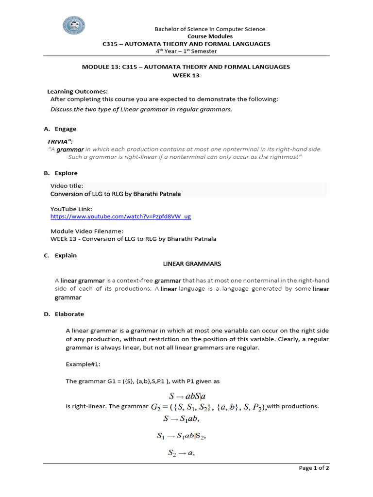 WEEK 13 Curriculum Module For C315 AUTOMATA THEORY AND FORMAL LANGUAGES ...