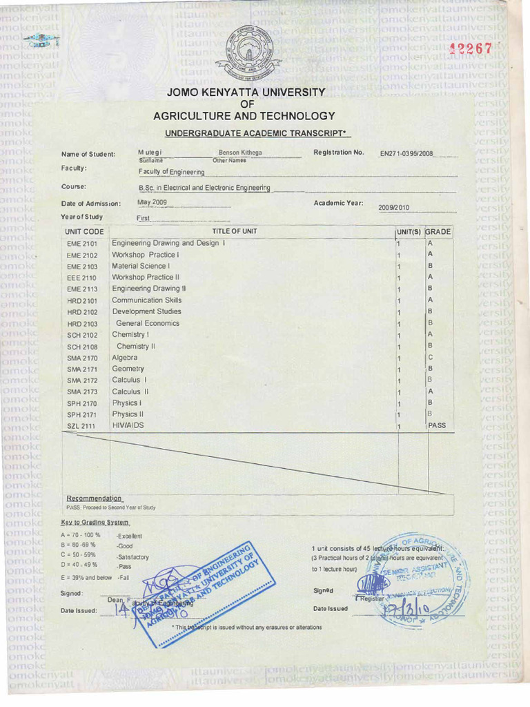 JKUAT Undergraduate Transcript Summary | PDF