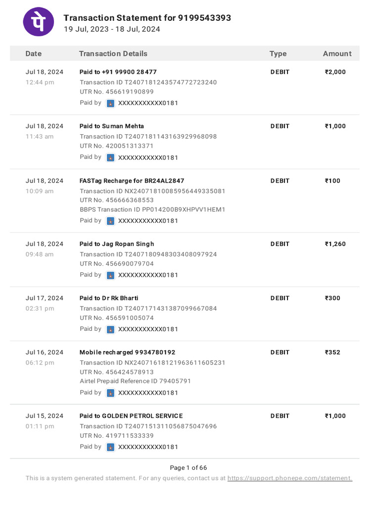 PhonePe Statement Jul2023 Jul2024 | PDF | Debit Card | Debits And Credits