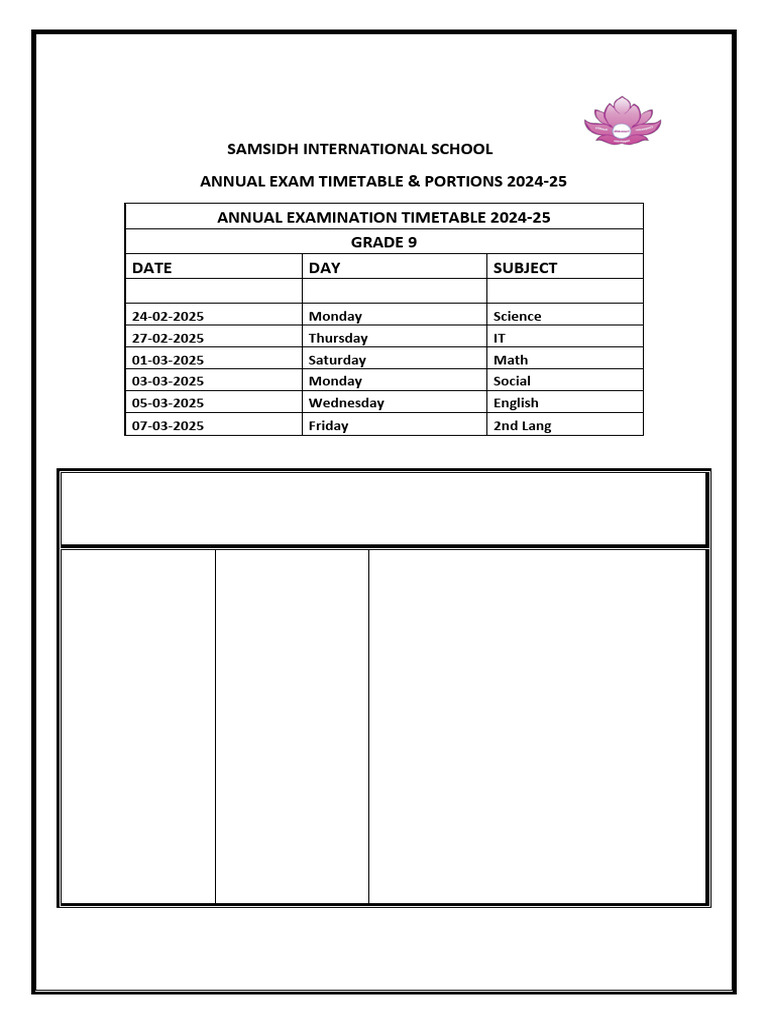 Grade 9 Annual Examination Timetable & Portions | PDF | Mathematics