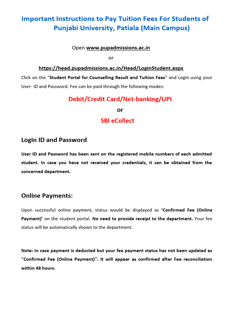 Important Instructions For Students | PDF | Payments | Receipt