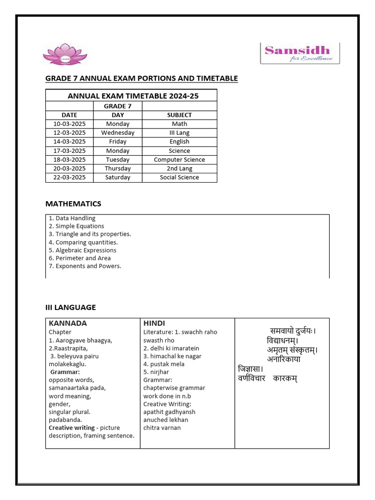 Grade 7 Exam Timetable 2025 | PDF | English Language | Sanskrit