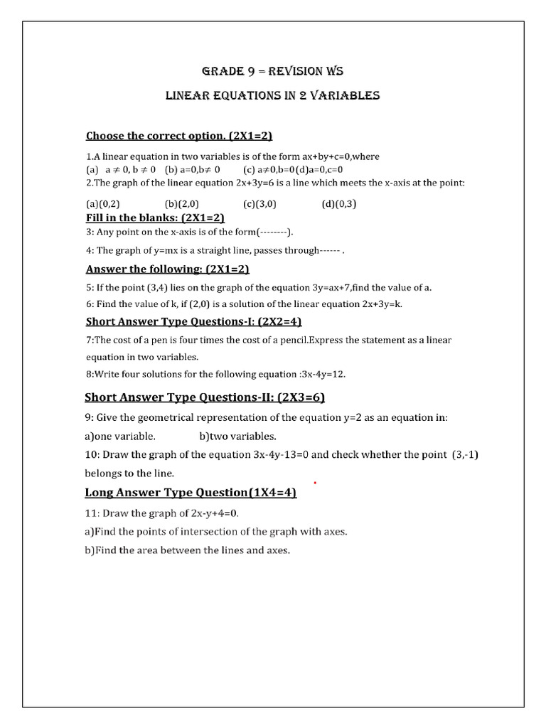 Grade 9 - Linear Eq - Revision | PDF