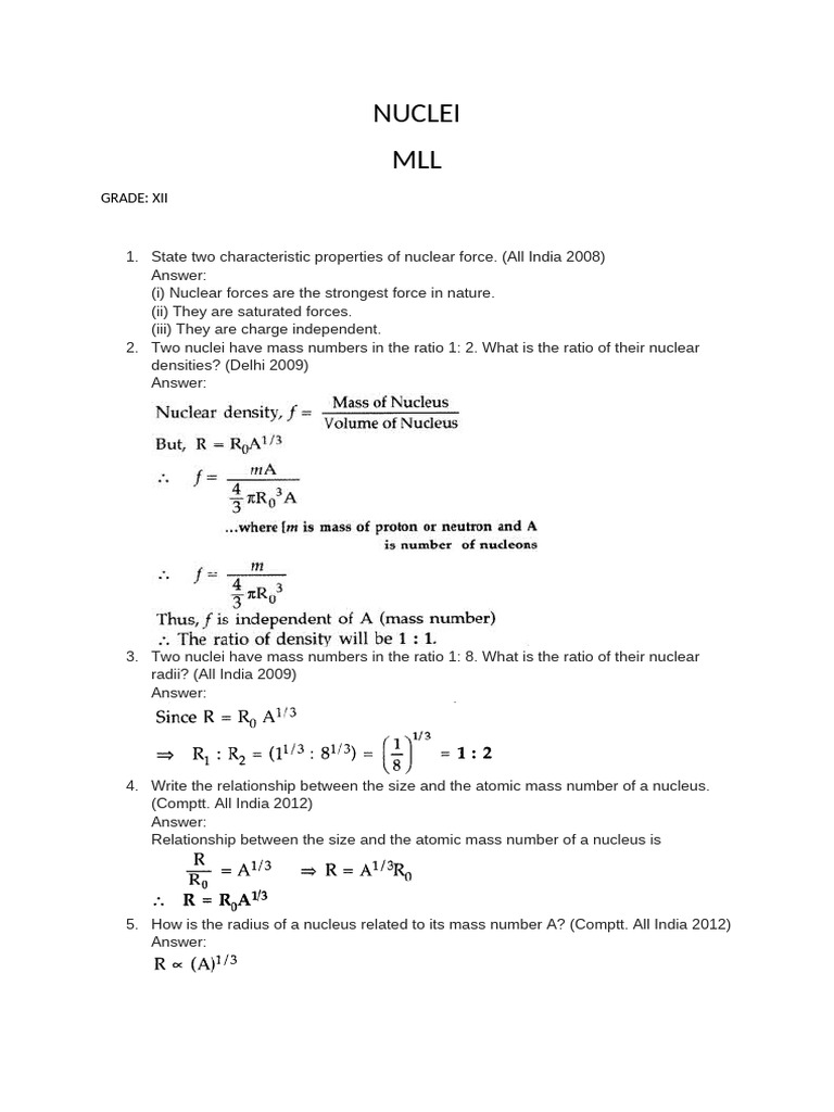 NUCLEI REVISION QUESTIONS | PDF | Atomic Nucleus | Nuclear Force