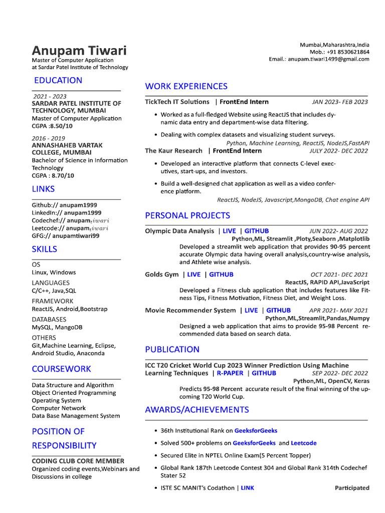 Anupam Tiwari Resume | PDF