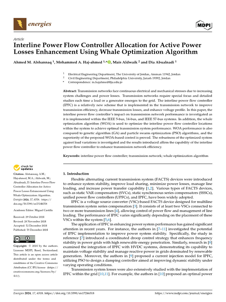 Interline Power Flow Controller Allocation for Active Power Losses Enhancement Using Whale ...