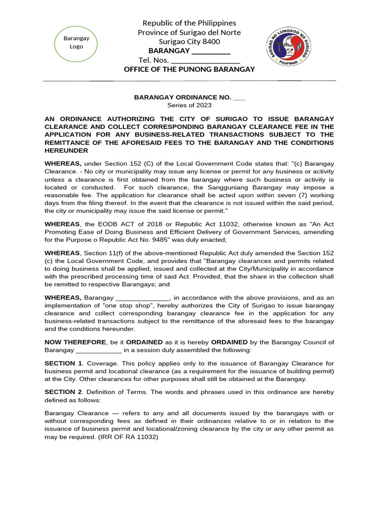 DRAFT - BARANGAY ORDINANCE for Barangay Integration | PDF | Legal ...