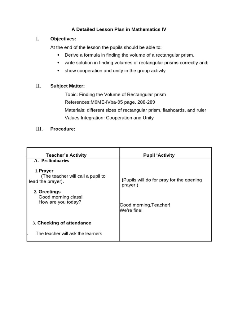 Lesson Plan: Volume of Rectangular Prism | PDF | Volume | Length