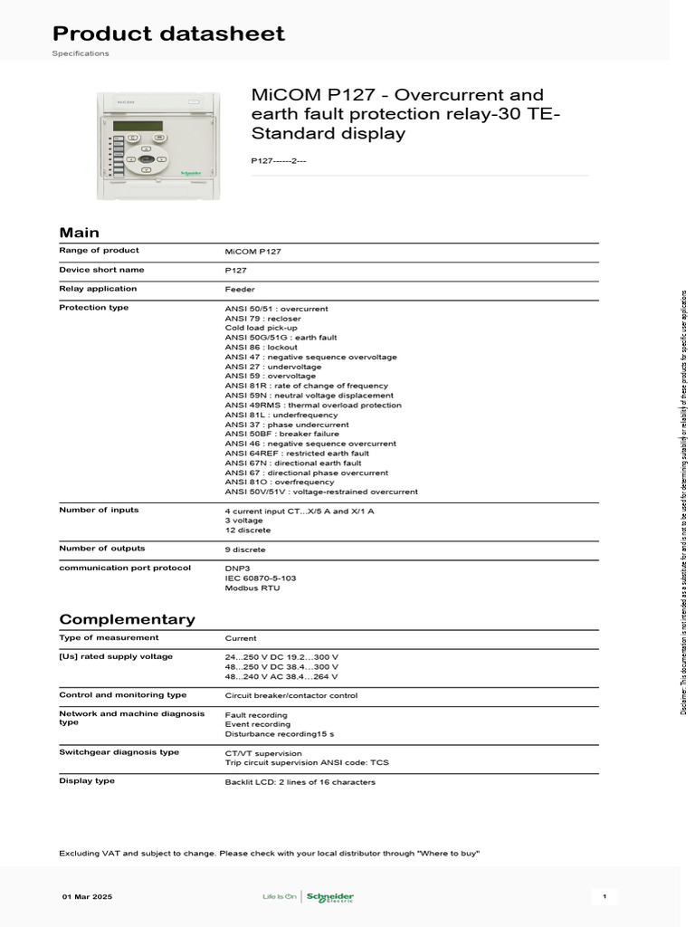 MiCOM P127 Relay Specifications Guide | PDF | Power Supply | Electronic Engineering