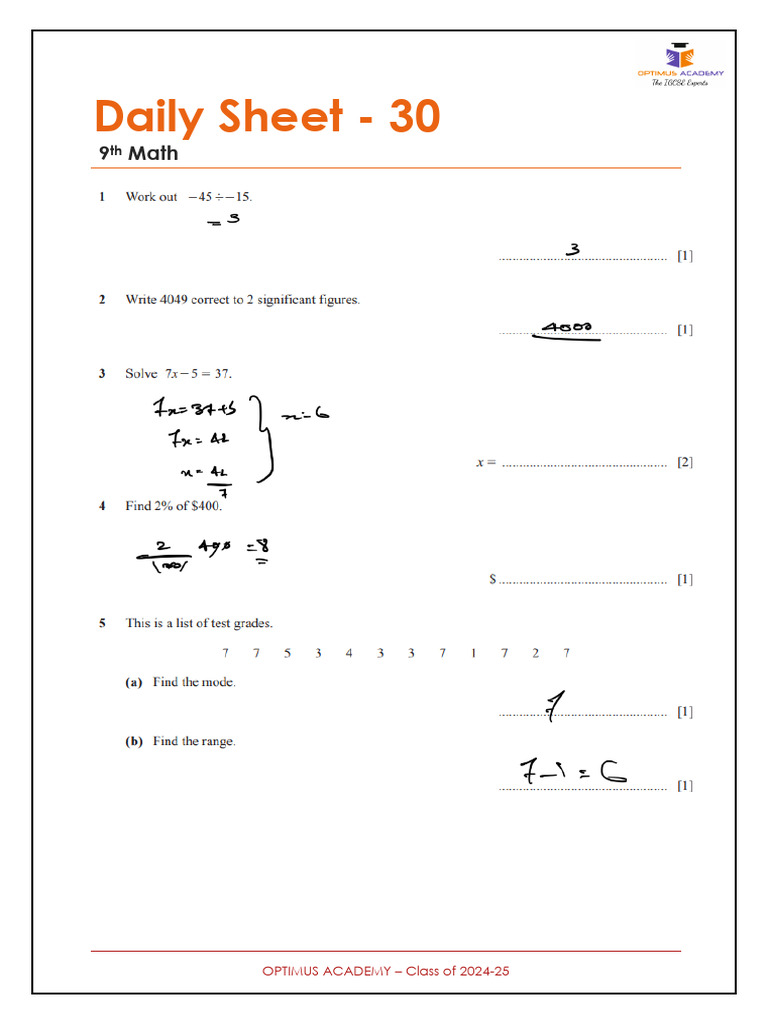 9th Grade Math Daily Sheet | PDF