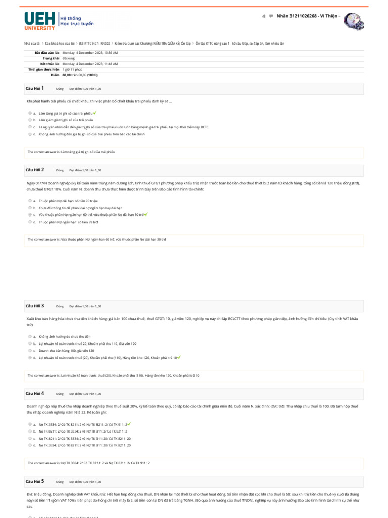 Ôn tập KTTC nâng cao 1 - 60 câu 90p, có đáp án, làm nhiều lần 100_ | PDF
