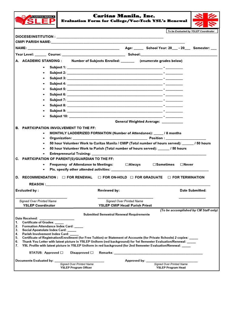 Caritas Manila YSL Renewal Evaluation Form | PDF
