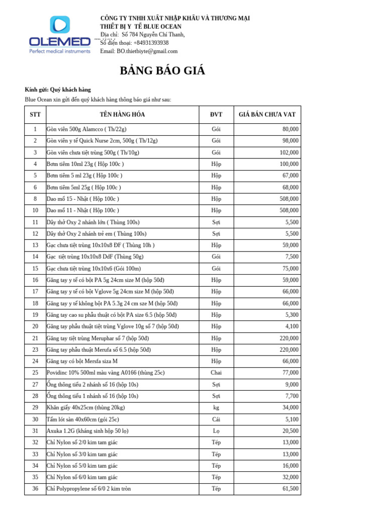 BÁO GIÁ VẬT TƯ Y TẾ TIÊU HAO BLUEOCEAN | PDF