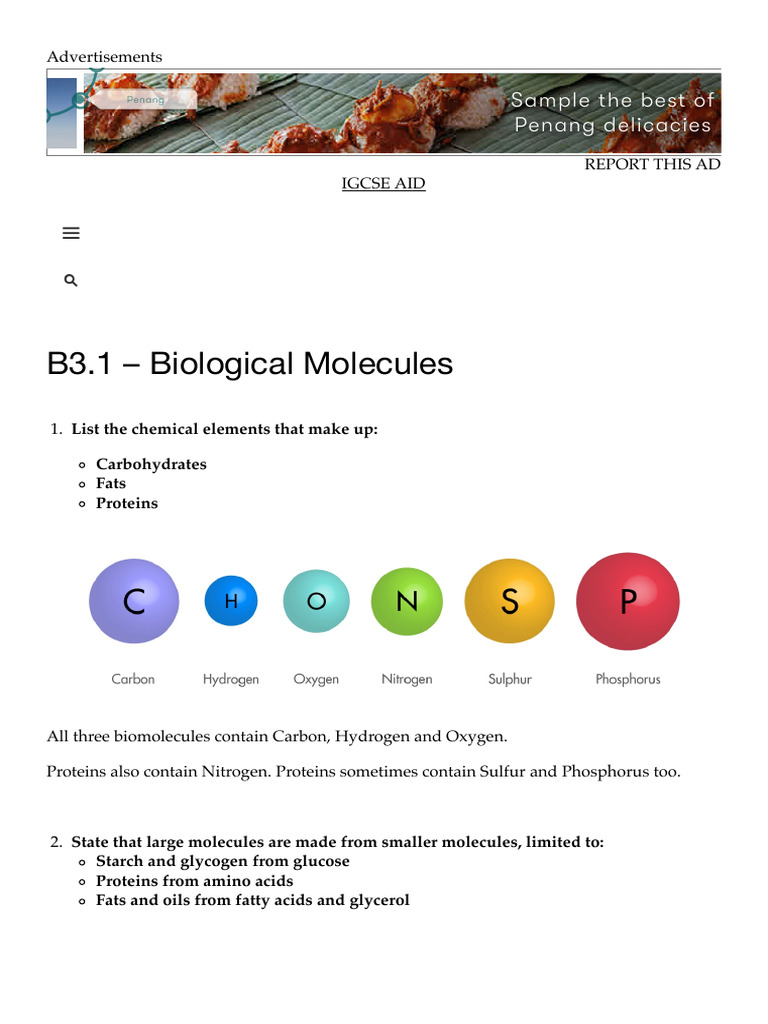 B3.1 – Biological Molecules – IGCSE AID | PDF | Biomolecules | Lipid